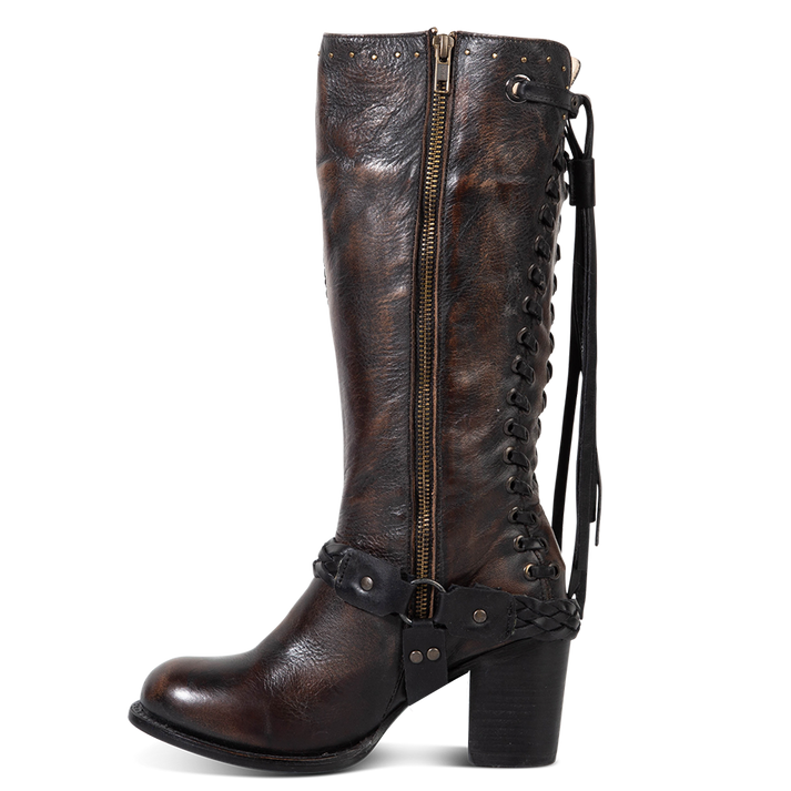 BUCK Women's Braided Leather Heeled Tall Boots Black | Freebird Stores ...